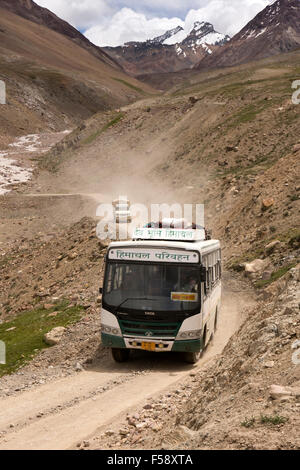 India, Himachal Pradesh, Losar, bus climbing rough road to Kunzum La ...