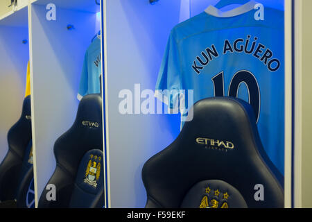 The dressing changing rooms at Manchester City football club, Etihad ...