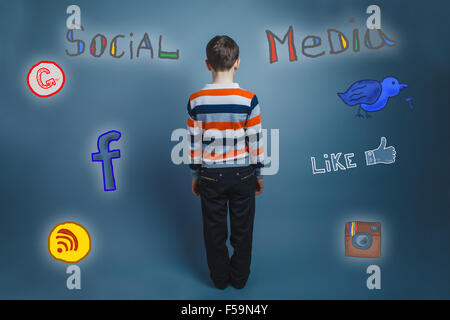 teen boy social media infographics sketch happy shows the finger Stock ...