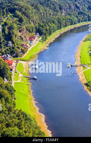 An aerial view of Rathen village on banks of the river Elbe on a sunny ...