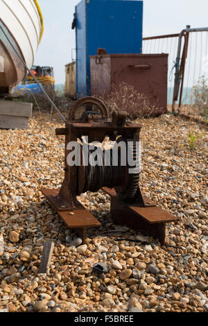 A boat winch on the beach at Deal in Kent used for hauling fishing ...