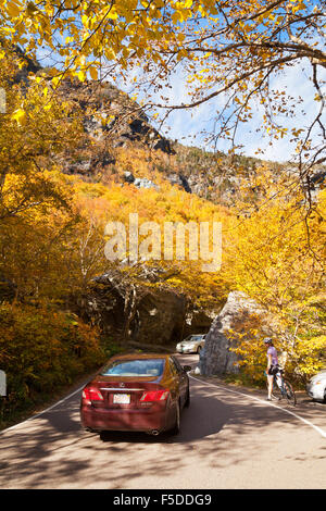 Narrow road in Smugglers Notch seen from drone in fall colors Stock ...