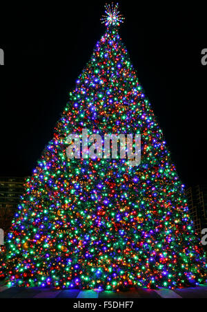 Christmas Long Exposure Tree and Ornaments at Night with ribbon and ...