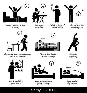 Daily routine icons. Active person lifestyle silhouettes wake up eating ...