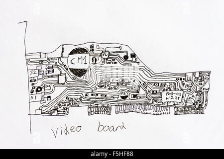 Circuit board computer drawing - electronic motherboard with chips ...