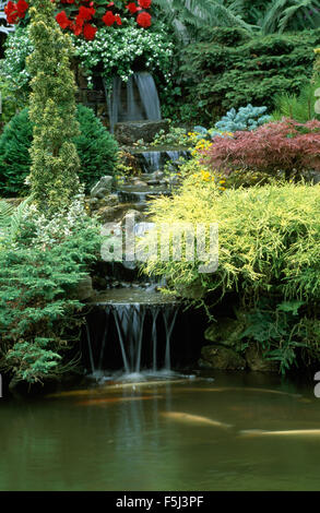 Fastigiate conifers and pond in large country garden Stock Photo - Alamy
