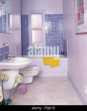 White toilet and sink mounted on walls near mirror in light ...