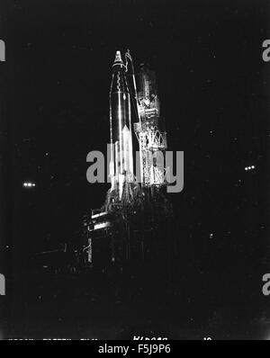 Photograph of an Atlas 10D rocket on the launch pad, taken in 1959 as ...