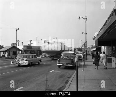 The Atlas 1D missile is shown being transported to Vandenberg Air Force ...