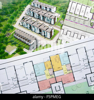 Architectural project - general plan, perspective view and floor plan ...