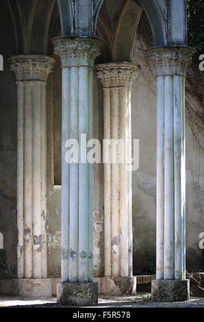 White colonnade in the dark. White columns in the light of spotlights ...