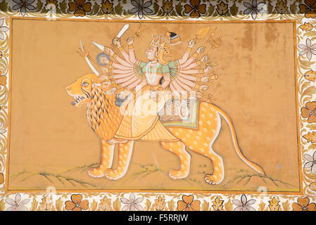 Indian Goddess Durga riding a lion, at Little India temple Singapore ...