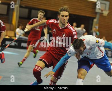 Brno, Czech Republic. 08th Nov, 2015. Swiss floorball players celebrate ...