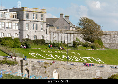 Welcome to Plymouth sign on Plymouth Hoe with Royal Citadel in ...