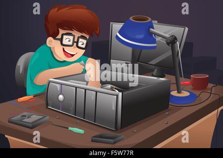 Cartoon computer technician repairing computer Stock Vector Art ...