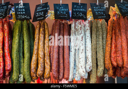 fuet - Catalan dry sausages at famous la Boqueria public market in ...