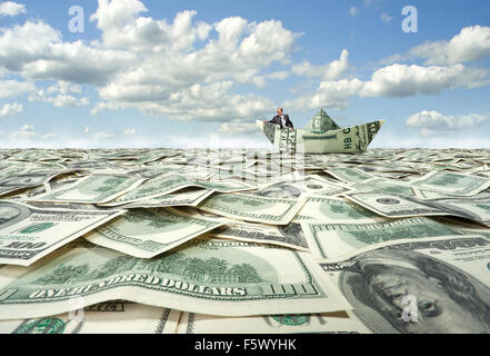 Successful businessman sailing on dollar boat in financial sea Stock ...