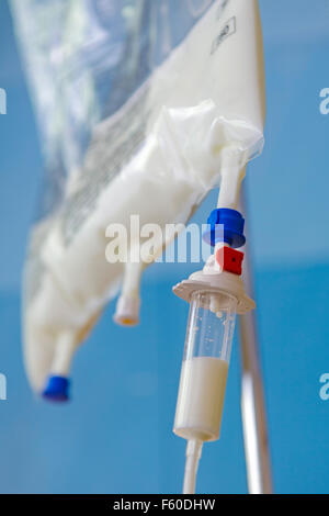 Close up of Total Parenteral Nutrition (TPN) fluids bag on IV stand for ...