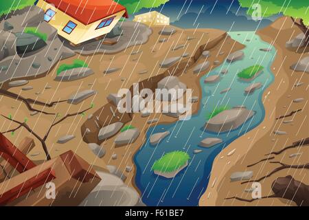Flood natural disaster in cartoon city concept. City floods and cars ...