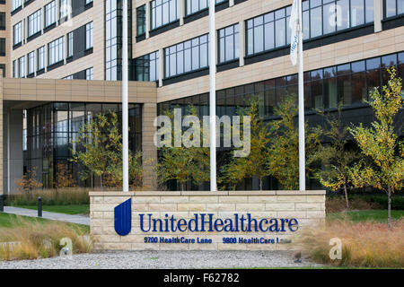 A logo sign outside of the headquarters of UnitedHealthcare in ...