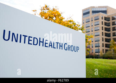 A logo sign outside of the headquarters of UnitedHealth Group in ...