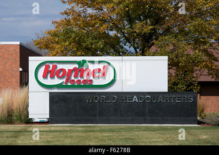 A logo sign outside of the headquarters of the Hormel Foods Corporation ...