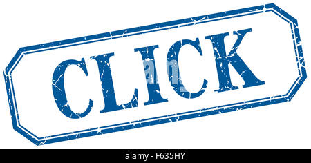 click here square blue grunge vintage isolated label Stock Photo - Alamy