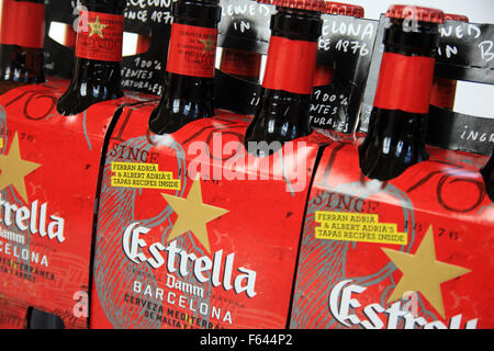 Bottle of Spanish Estrella Damm pilsner isolated on a white background ...