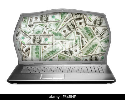 Fat laptop bulging with money. Isolated on white Stock Photo - Alamy