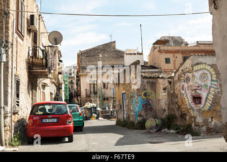 Poor district of Palermo, Sicily, Italy - facade of crumbling building ...