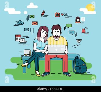 People using a laptop isolated line drawing, illustration design ...