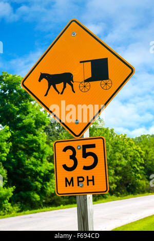 Amish buggy warning sign on the road in Ohio OH country side very high ...
