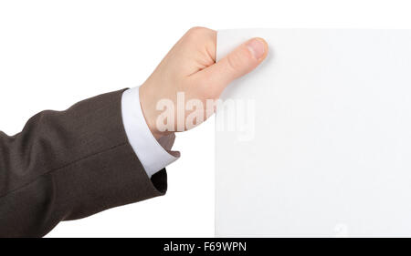 Businessmans hand holding edge of empty paper Stock Photo - Alamy