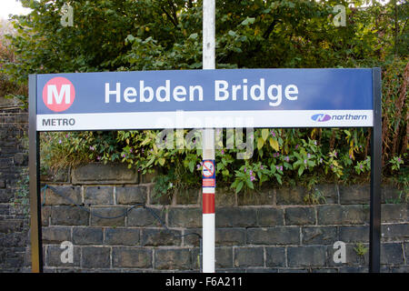 Hebden Bridge railway station sign Stock Photo - Alamy