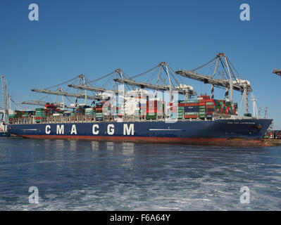 The container ship CMA CGM Laperouse, left, docks at the Georgia Ports ...