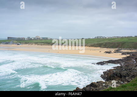 Atlantic ocean surf waves hit the cliffs at Newquay, Cornwall, England ...
