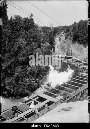 Power station at Okere Falls, Rotorua District, Two women sightseers ...