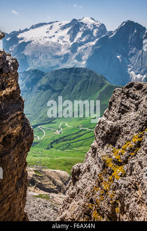 summer view of sass pordoi mount and fassa valley,italian dolimites ...