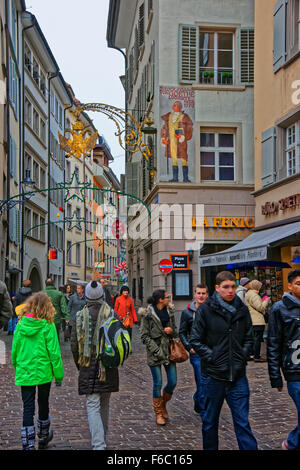 LUCERNE, SWITZERLAND – JANUARY 04, 2015: Pedestrian street with shops ...