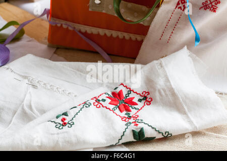 Openwork embroidery, incomplete work in progress and tools for ...