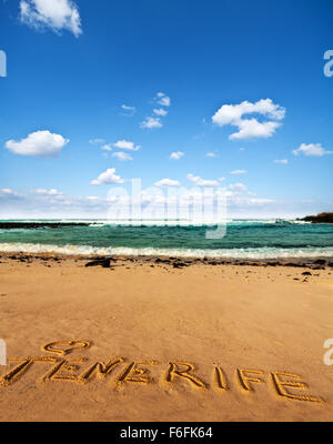 beach sand with written word Tenerife Stock Photo - Alamy