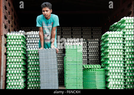 The image of Eggs unloading was taken in Crawford market, Mumbai, India ...