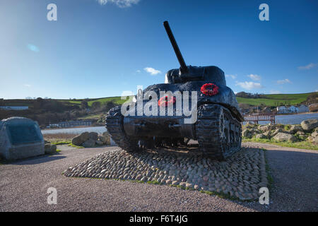 A Sherman tank is part of the Exercise Tiger memorial at Slapton Sands ...