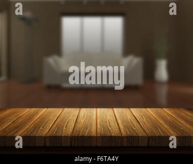 3D render of a wooden table with a room interior in the background ...