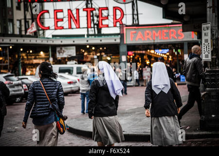 Nuns walkin to the Public Market Center, Seattle, Washington state ...