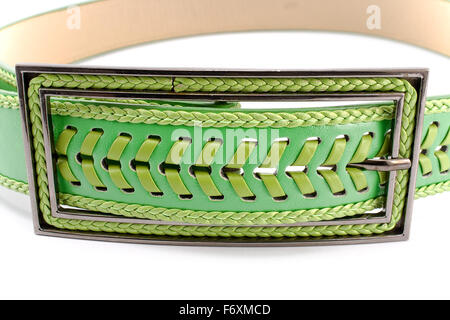 Brown leather belt with golden buckle isolated on studio background ...