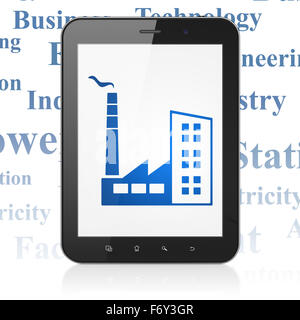 Manufacuring concept: Tablet Computer with Industry Building on display ...