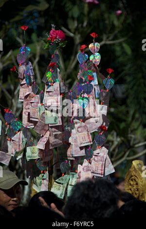 A 'money tree' with Thai baht notes of different denominations ...