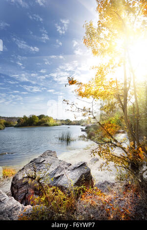 Lake with trees and rocks in the sun Stock Photo - Alamy