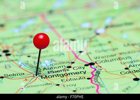 Montgomery map. Montgomery pin map. Close up of Montgomery map with red ...